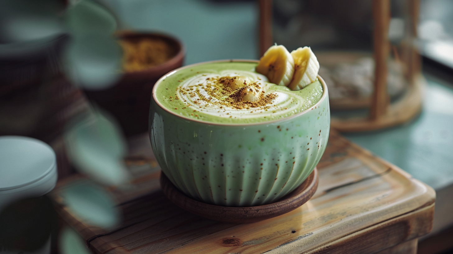 Hafermilch-Matcha-Latte-Creme mit karamellisierten Bananen – Moelk Company